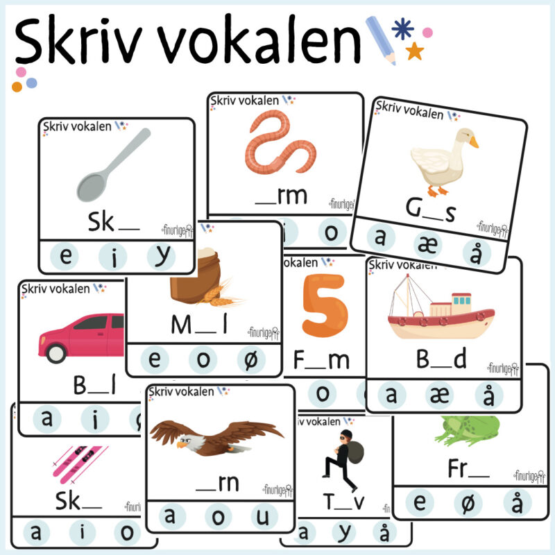 Find og skriv vokalen - Sjovt læringsspil til børn • finurligefif.dk
