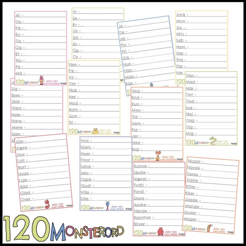 120 MONSTERORD: Legende skriveark med de 120 ord for børn • finurligefif.dk